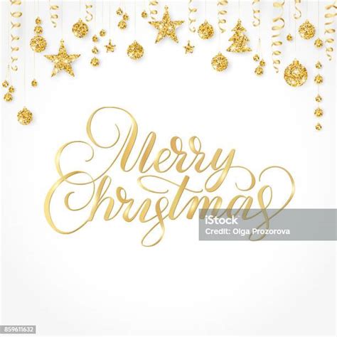 메리 크리스마스 손으로 글자를 작성 골든 반짝이 테두리 공 및 리본에 매달려 함께 화 환입니다 갈란드 장식품에 대한 스톡 벡터 아트 및 기타 이미지 Istock