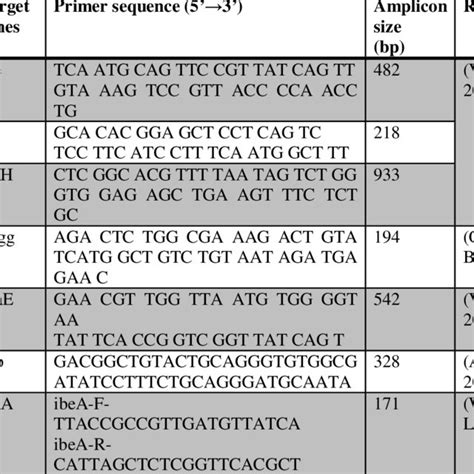 Primer Pairs Expected Amplicon Size For Characterization Of E Coli Download Scientific