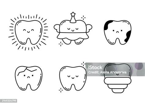 귀여운 치아 세트입니다 치과 치료 충치 임플란트 반짝이는 치아 치과의 개념 교정 선형 벡터 그림 0명에 대한 스톡 벡터 아트 및