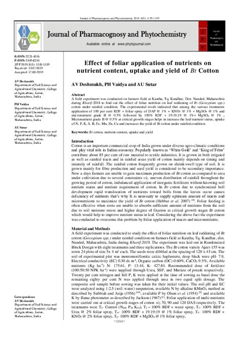 Pdf Effect Of Foliar Application Of Nutrients On Nutrient Content Uptake And Yield Of Bt Cotton