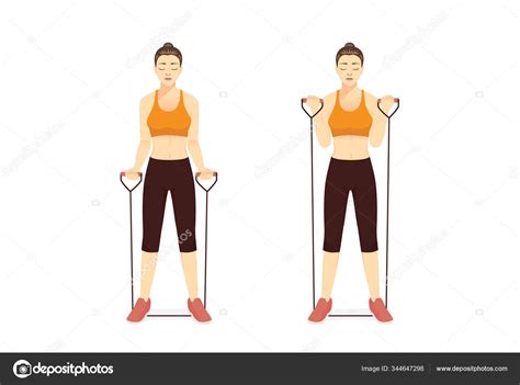 Woman Using Equipment Exercise Resistance Band Bicep Curl Step