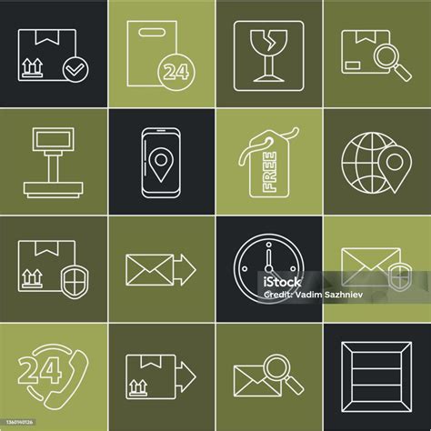 세트 라인 나무 상자 방패봉투 전 세계 위치 깨지기 쉬운 깨진 유리 모바일 앱 배달 추적 규모 패키지 확인 마크 및 가격 태그 무료 아이콘 벡터 무게에 대한 스톡 벡터 아트