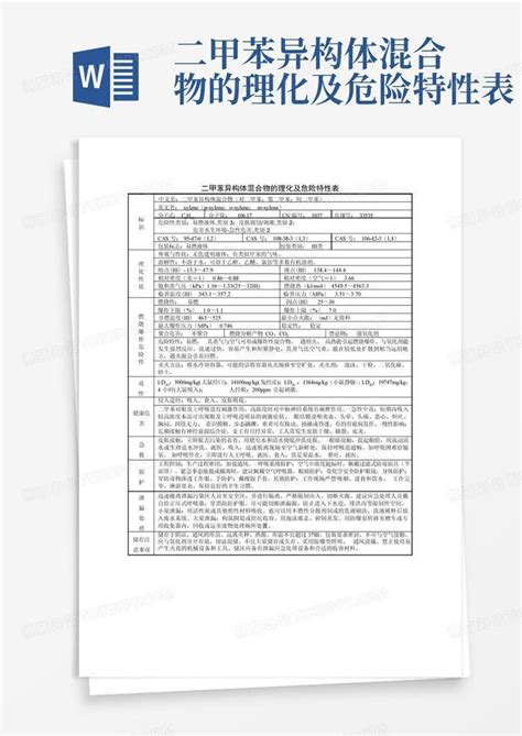 二甲苯异构体混合物的理化及危险特性表Word模板下载 编号qkrpbobg 熊猫办公