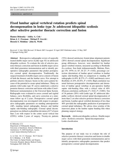 Pdf Fixed Lumbar Apical Vertebral Rotation Predicts Spinal