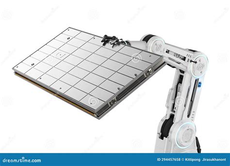Automation Battery Manufacturing With Electric Car Battery Produced By Robotic Arms Stock Image