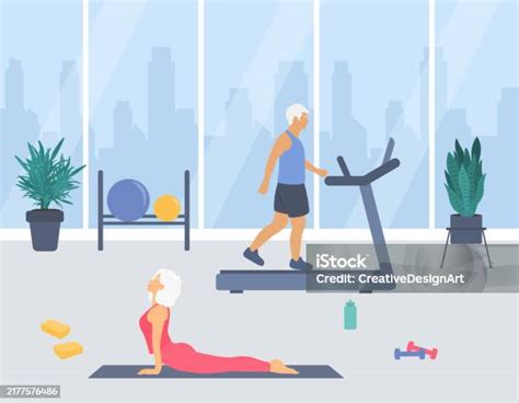 스포티한 시니어 커플이 있는 체육관 인테리어 러닝 머신에서 걷는 노인 남자와 요가 운동을 수행하는 노인 여성 건강한 라이프스타일