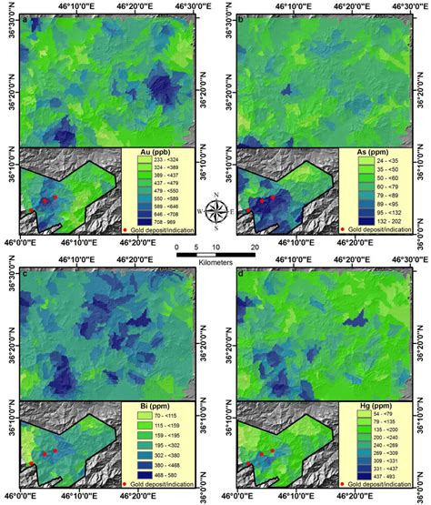 Geochemical Maps For A Au B As C Bi And D Hg Using N S Download Scientific Diagram