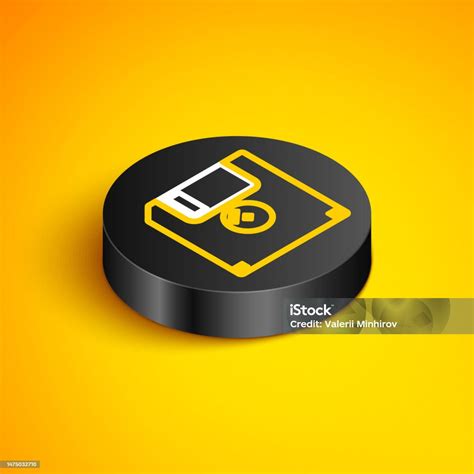 노란색 배경에서 격리된 컴퓨터 데이터 저장 아이콘용 등산화 라인 플로피 디스크입니다 디스켓 기호입니다 검은 색 원 버튼 벡터 3차원 형태에 대한 스톡 벡터 아트 및 기타