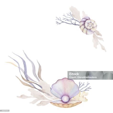 수채화 벡터 파스텔 색상의 진주 조개 조류의 수중 꽃 화환 벽 예술 결혼식 초대장 직물 표지 카드 관광 여행 소책자를 디자인하십시오 손으로 그린 그림입니다 바닷속에 대한