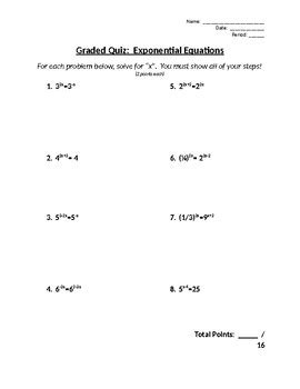 Solving Exponential Equations Quiz Worksheet By Rachael Green TPT