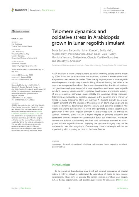 Pdf Telomere Dynamics And Oxidative Stress In Arabidopsis Grown In Lunar Regolith Simulant