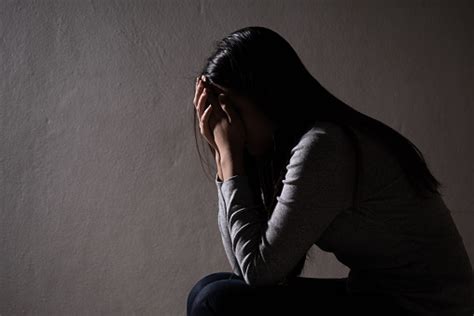 Sad Woman Close Her Face And Cry Sad Woman Sitting Alone In A Dark Room