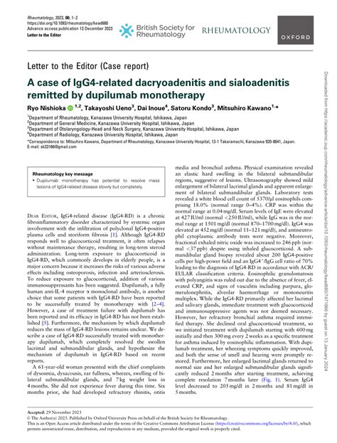 Pdf A Case Of Igg4 Related Dacryoadenitis And Sialoadenitis Remitted By Dupilumab Monotherapy