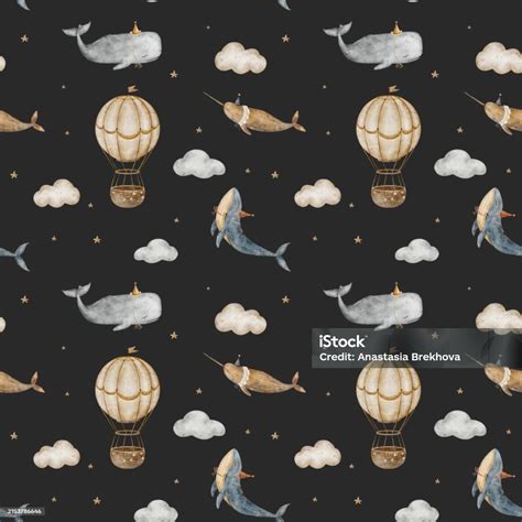 완벽 한 패턴 빈티지 고래 일각 고래 향유 고래 열기구 어두운 배경에 구름 아동용 섬유 의류 포장 카드 포스터 배경 화면 용 수채화 일러스트 갈색에 대한 스톡 벡터 아트 및