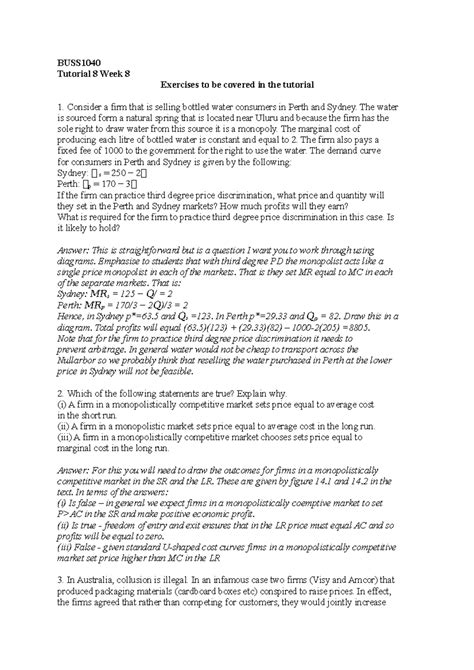 Buss1040 Tutorial 8 With Answers Buss Tutorial 8 Week 8 Exercises To Be Covered In The