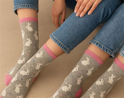 Floral And Bunny Socks Yellow And Cream Cute Kawaii Style Patterned