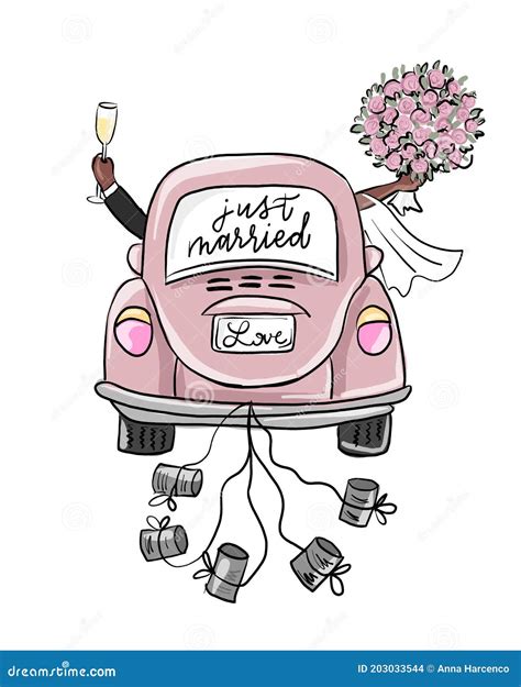 a newly married couple driving a vintage convertible car for their