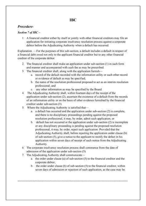 IBC Ibc Code Summary IBC Procedure Section 7 Of IBC A Financial Creditor Either By Itself