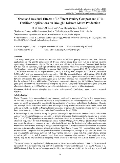 Pdf Direct And Residual Effects Of Different Poultry Compost And Npk Fertilizer Applications