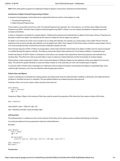 Exp 5 Python23 24ipynb Colaboratory Pdf Object Oriented