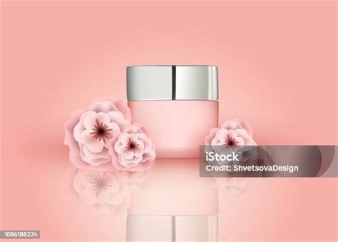 아름 다운 벡터 일러스트 레이 션 현실적인 Mocap 템플릿 화장품 크림 포장 3d 병 주위에 아름 다운 핑크색 꽃 재고 일러스트입니다 3차원 형태에 대한 스톡 벡터 아트