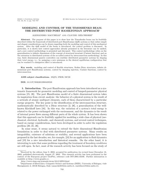 Pdf Modeling And Control Of The Timoshenko Beam The Distributed Port