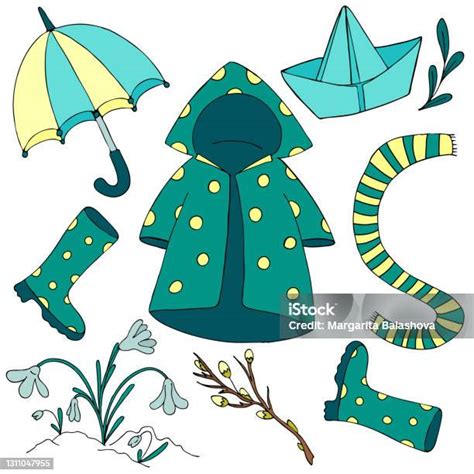 낙서 요소의 봄 세트 비옷 우산 고무 부츠 스카프 종이 보트 꽃 눈방울 벡터 일러스트 스케치에 대한 스톡 벡터 아트 및 기타