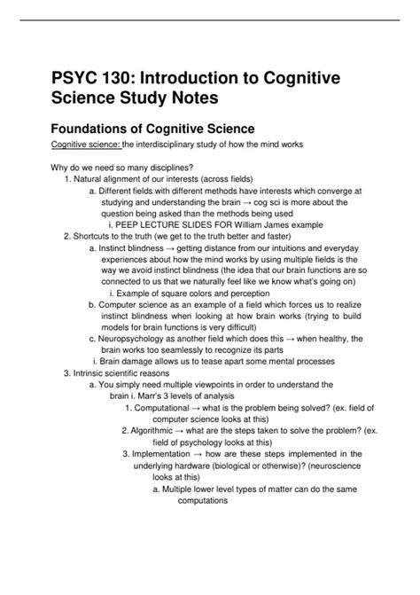 Summary PSYC 130 Introduction To Cognitive Science Complete Study Notes Key Concepts