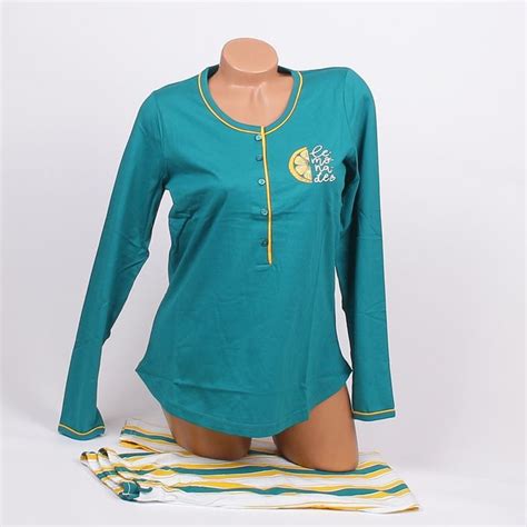 Памучна дамска пижама в зелен цвят с копчета и широко райе Long