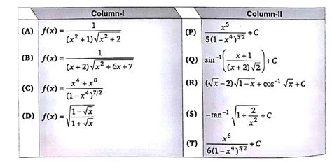 Exercise Matching Type Problems From Vk Jaiswal Maths Chapter 13 Indefinite And Definite