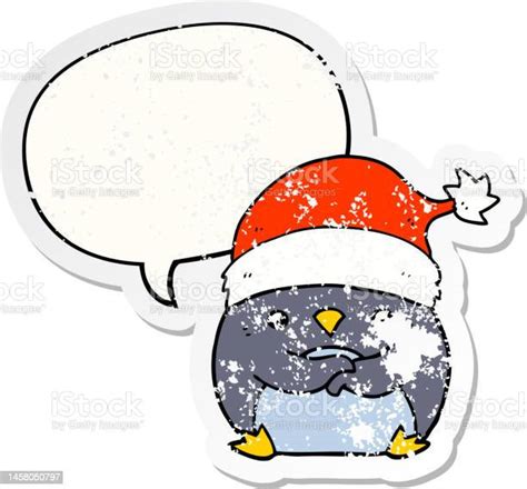 귀여운 만화 펭귄 크리스마스 모자를 쓰고 연설 거품 고민 고민 오래 된 스티커 귀여운에 대한 스톡 벡터 아트 및 기타 이미지 귀여운 그런지 이미지 기법 기포 Istock