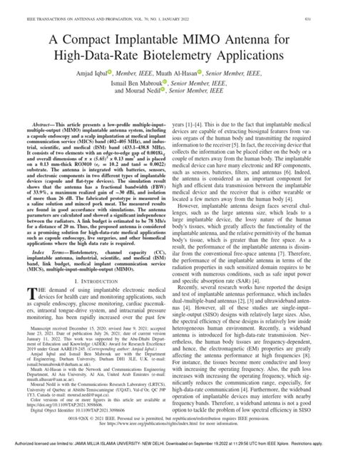 A Compact Implantable Mimo Antenna For High Data Rate Biotelemetry Applications Pdf Antenna