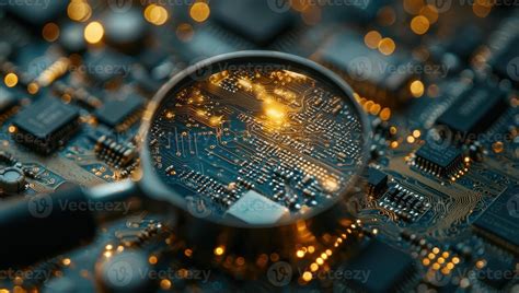 Magnifying Glass Over A Glowing Circuit Board Concept Of Technology Electronics Analysis