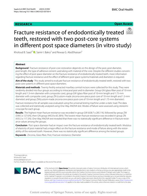 Pdf Fracture Resistance Of Endodontically Treated Teeth Restored With Two Post Core Systems