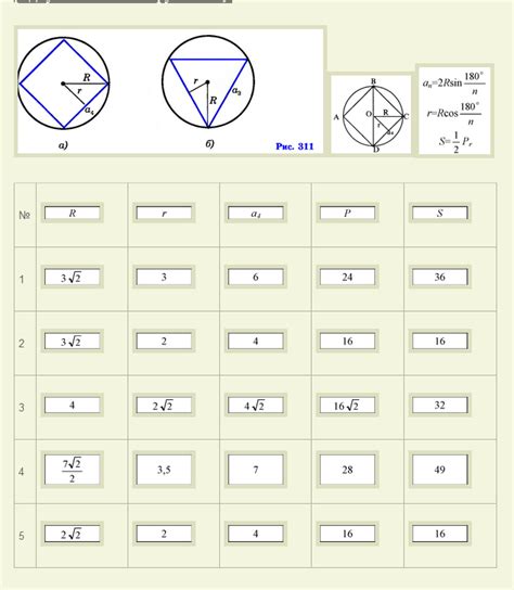 На рисунке 311 а изображен квадрат вписанный в окружность радиуса R Перечертите таблицу в