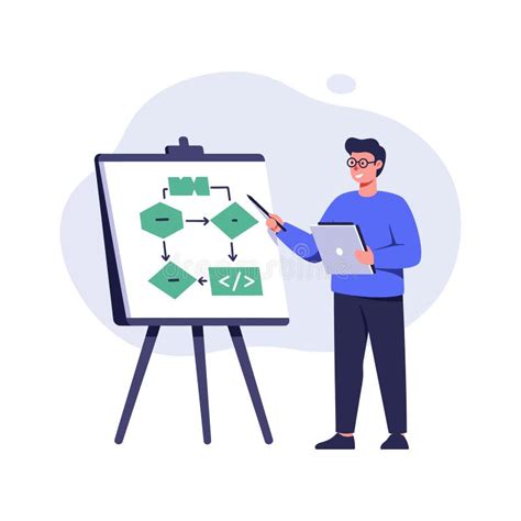 Young Man Explaining Software Flowchart On Whiteboard In Flat Minimal Vector Art Stock Vector