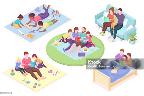 자녀를 위해 책을 읽는 부모의 고립 된 벡터 그림 세트 아버지와 어머니는 아이들을위한 동화를 읽습니다 취침 시간이나 캐릭터 읽기