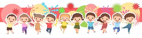 아이들은 기쁨을 춤추습니다 행복한 어린 시절 어린 소년과 소녀 수평 조성물입니다 아이는 파티에서 기쁨을 위해 점프하고 있습니다