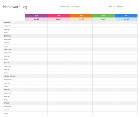 Homework Log Template In Excel Download Xlsx