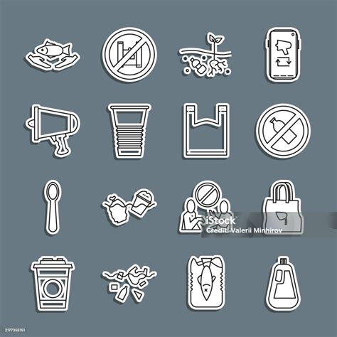 식기 세척액 용 세트 라인 병 재활용 쇼핑백 플라스틱 병 없음 오염 행성 문제 종이 유리 단어 전파 메가폰 물고기 관리 및 플라스틱 아이콘 벡터 개념에 대한 스톡 벡터 아트