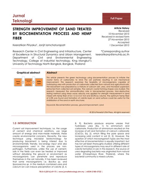 Pdf Strength Improvement Of Sand Treated By Biocementation Process And Hemp Fiber
