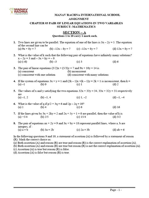 Maths Class X Chapter 03 Linear Equations In Two Variables Practice Paper 03 2025 Pdf