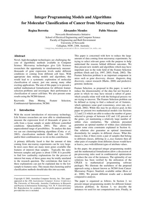 Pdf Integer Programming Models And Algorithms For Molecular Classification Of Cancer From