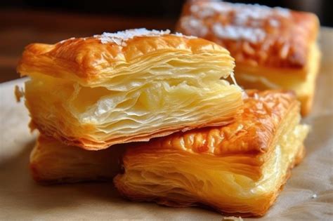 Premium Ai Image A Stack Of Puff Pastry Puffs With Powdered Sugar On Top