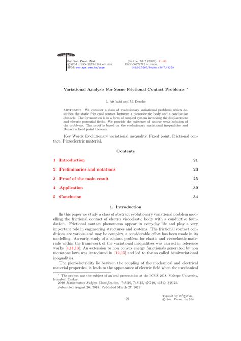 pdf variational analysis for some frictional contact problems