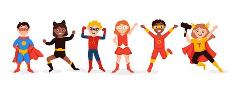 다양한 슈퍼 히어로의 화려한 의상을 입고 남자와 여자 흰색 배경에 고립 귀여운 슈퍼 아이 슈퍼히어로에 대한 스톡 벡터 아트 및 기타 이미지 Istock