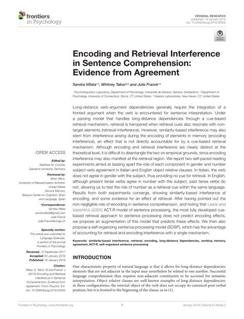 Pdf Encoding And Retrieval Interference In Sentence Comprehension Evidence From Agreement