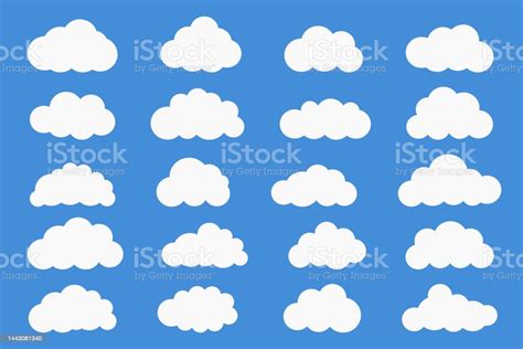 푸른 하늘에 구름 모양의 집합입니다 구름 아이콘 모양입니다 다른 구름 레이블 기호의 컬렉션입니다 그래픽 벡터 평면 디자인 요소 로고 웹 및 인쇄 0명에 대한 스톡 벡터 아트