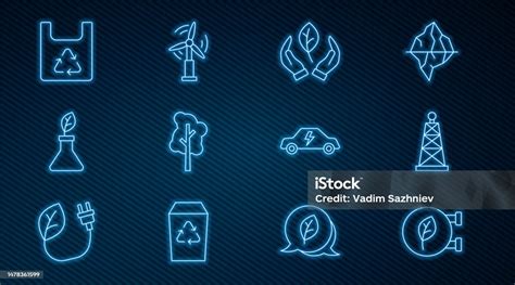 세트 라인 에코 상점 석유 장비 손에 나뭇잎 나무 식물 육종 재활용 쇼핑백 전기 자동차 및 풍력 터빈 아이콘 벡터 가루로 빻은에 대한 스톡 벡터 아트 및 기타 이미지