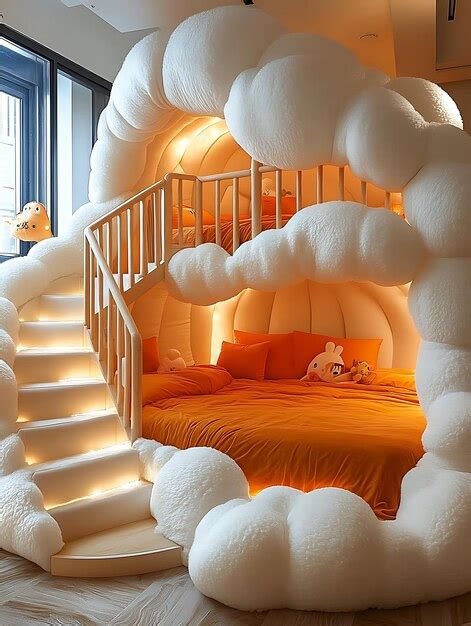 There Is A Bed With A White Cloud Bed Frame And Stairs Premium Ai